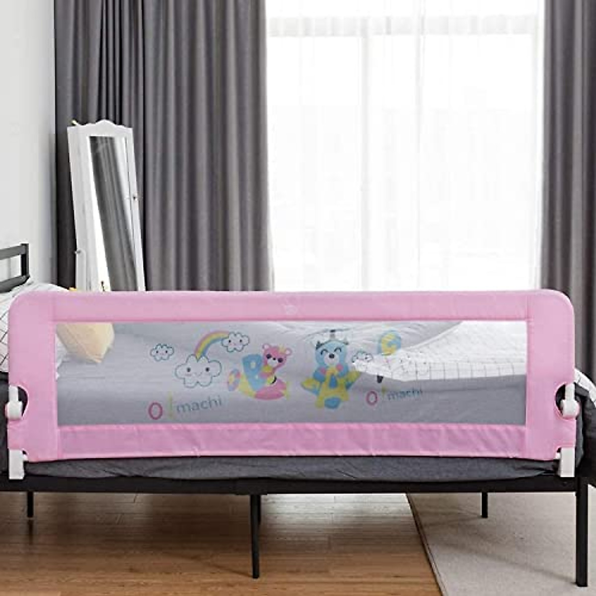 BABY JOY Bed Rails for Toddlers, 69 Inch Extra Long w/Safety Straps, Swing Down Safety Bed Guard for Convertible Crib, Folding Baby Bedrail for Kids Twin Double Full Size Queen & King Mattress (Pink)