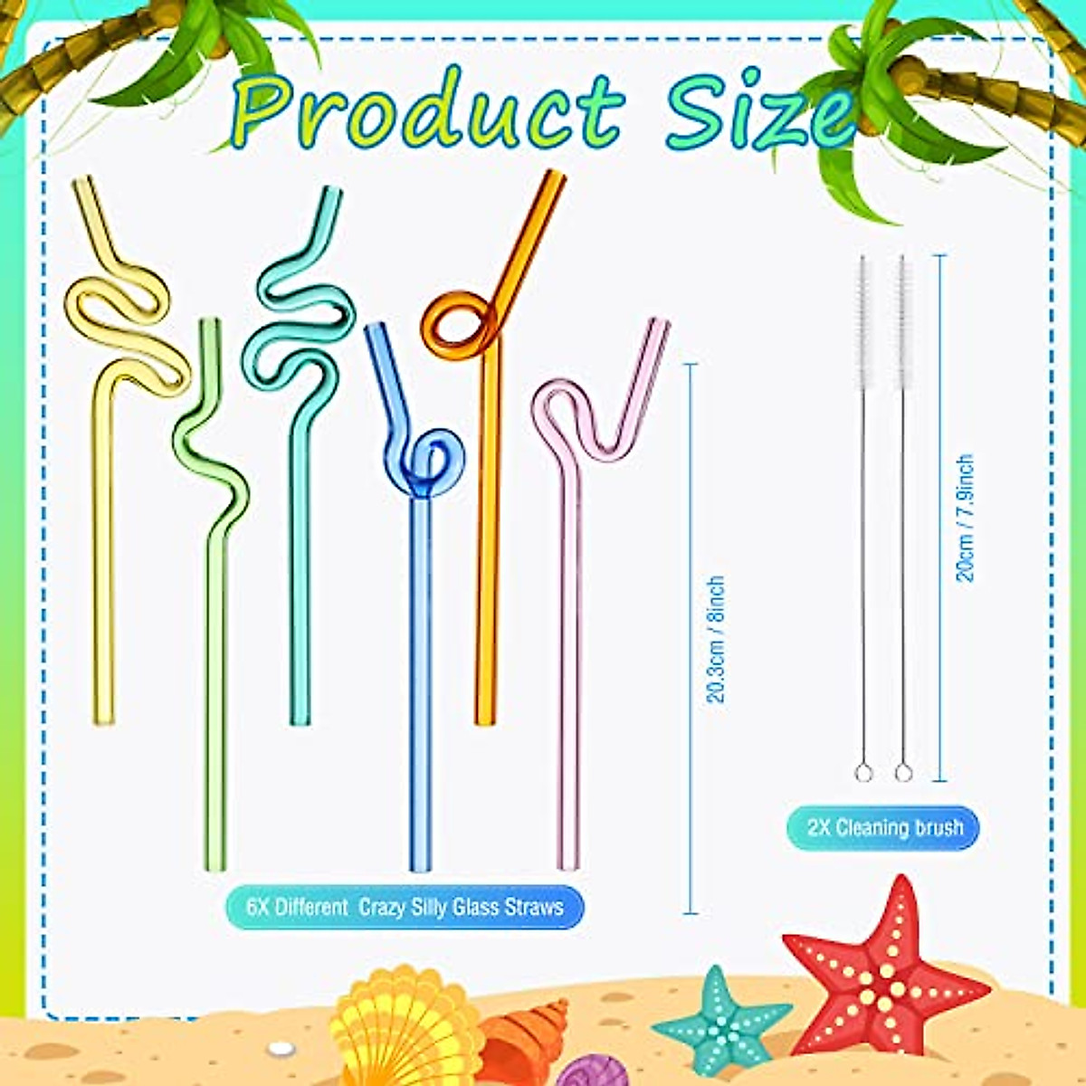 Yinkin 6 Pcs Wavy Glass Straws Reusable Curved Straw Shatter Resistant with 2 Cleaning Brushes Clear Silly High Borosilicate for Kids Adults Smoothies Juice (Colorful, 8 Inch)