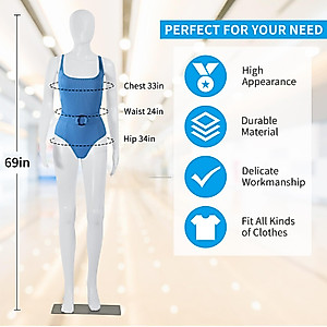 Female Mannequin Full Body Dress Form Sewing Dress Model Stand Adjustable Dress Mannequin 69" Detachable Manikin Body Display Head Rotation Manikin Torso Stand w/ Metal Base, White