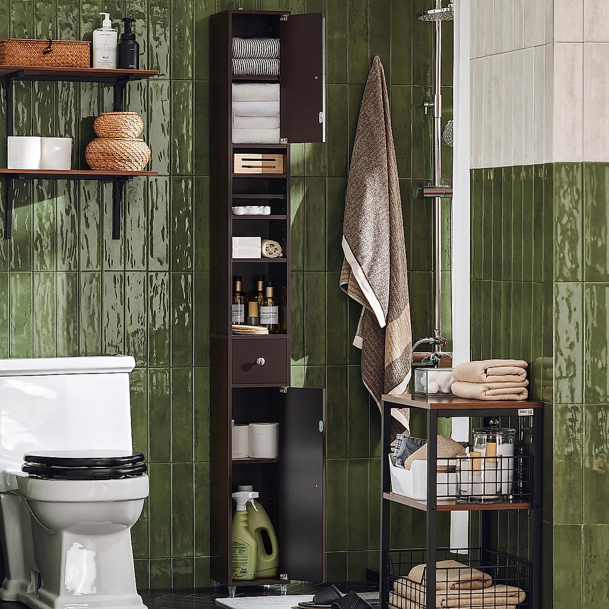 Haotian Bathroom Tall Cabinet with 1 Drawer, 2 Doors and Adjustable Shelves, Bathroom Shelf, Bathroom Tall Cabinet Cupboard for Bathroom, Living Room, Kitchen, Brown BZR34-BR