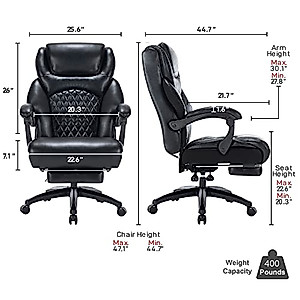 Sumeimics 400lbs Big and Tall Office Chair Bonded Leather Heavy Duty Office Executive Chair Reclining Office Chair with Footrest (Black)