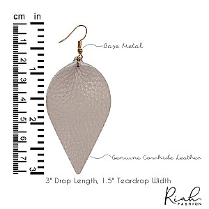 Bohemian Lightweight Genuine Real Leather Geometric Drop Statement Earrings - Petal Leaf, Triple Feather, Teardrop Dangles, Scallop Disc Hoop (Leaf - Black)