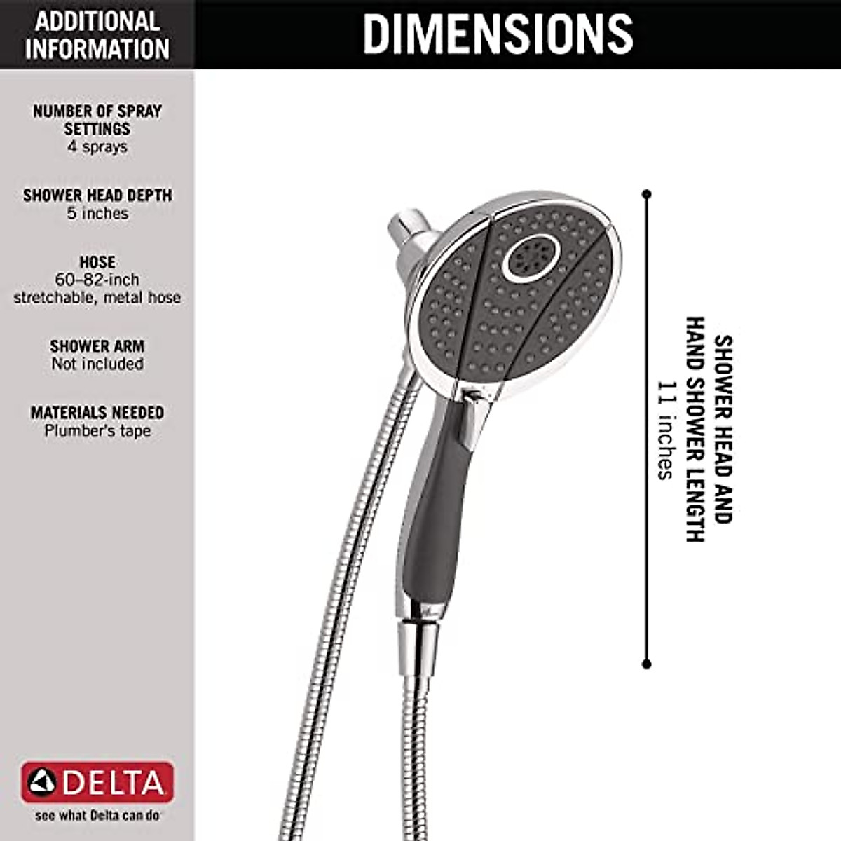 Delta Faucet 4-Spray In2ition Dual Shower Head with Handheld Spray, Chrome Shower Head with Hose, Handheld Shower Heads, Showerheads & Handheld Showers, Detachable Shower Head, Chrome 58467