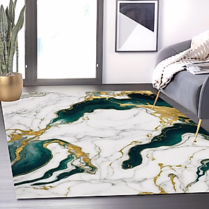 Marble Swirl Modern Abstract Emerald Green Grey Gold Area Rug for Living Room Bedroom Ultra Soft Wool Carpet Under Dining Table Lux Aesthetic Home Office Carpets 5x7
