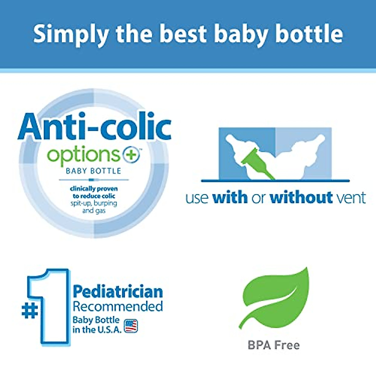Dr. Brown’s Natural Flow® Anti-Colic Options+™ Narrow Baby Bottles 8 oz/250 mL, with Level 1 Slow Flow Nipple, 3 Pack, 0m+ Blue