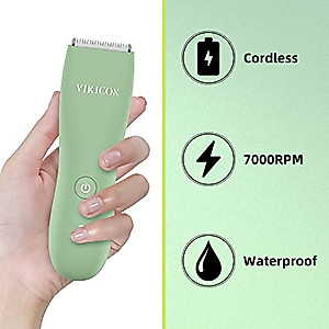 VIKICON Body Hair Trimmer for Men and Women: Electric Groin & Ball Shaver,Cordless Trimmer Clippers Ultimate Male Hygiene Razor, Replaceable Ceramic Blade Heads with Charging Dock,Green