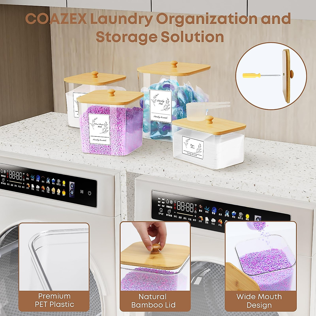 COAZEX 4 Pack Clear Laundry Pods Container & Dryer Sheet Holder, Plastic Square Laundry Room Organization and Storage Jars with Lids, Scoops & Labels for Detergent, Powder, Dryer Balls, Beads