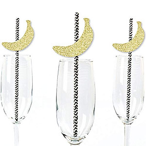 Gold Glitter Banana Party Straws - No-Mess Real Gold Glitter Cut-Outs and Decorative Tropical Party Paper Straws - Set of 24