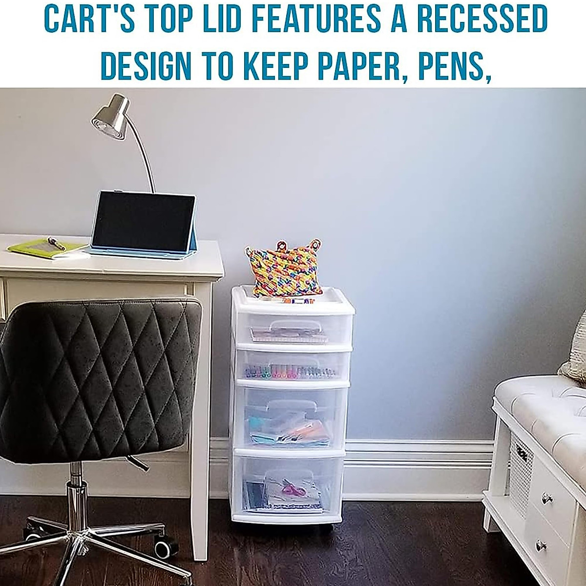 Homz Clear Plastic 4 Drawer Medium Home Organization Storage Container Tower w/2 Large and 2 Small Drawers, and Removeable Caster Wheels, White Frame