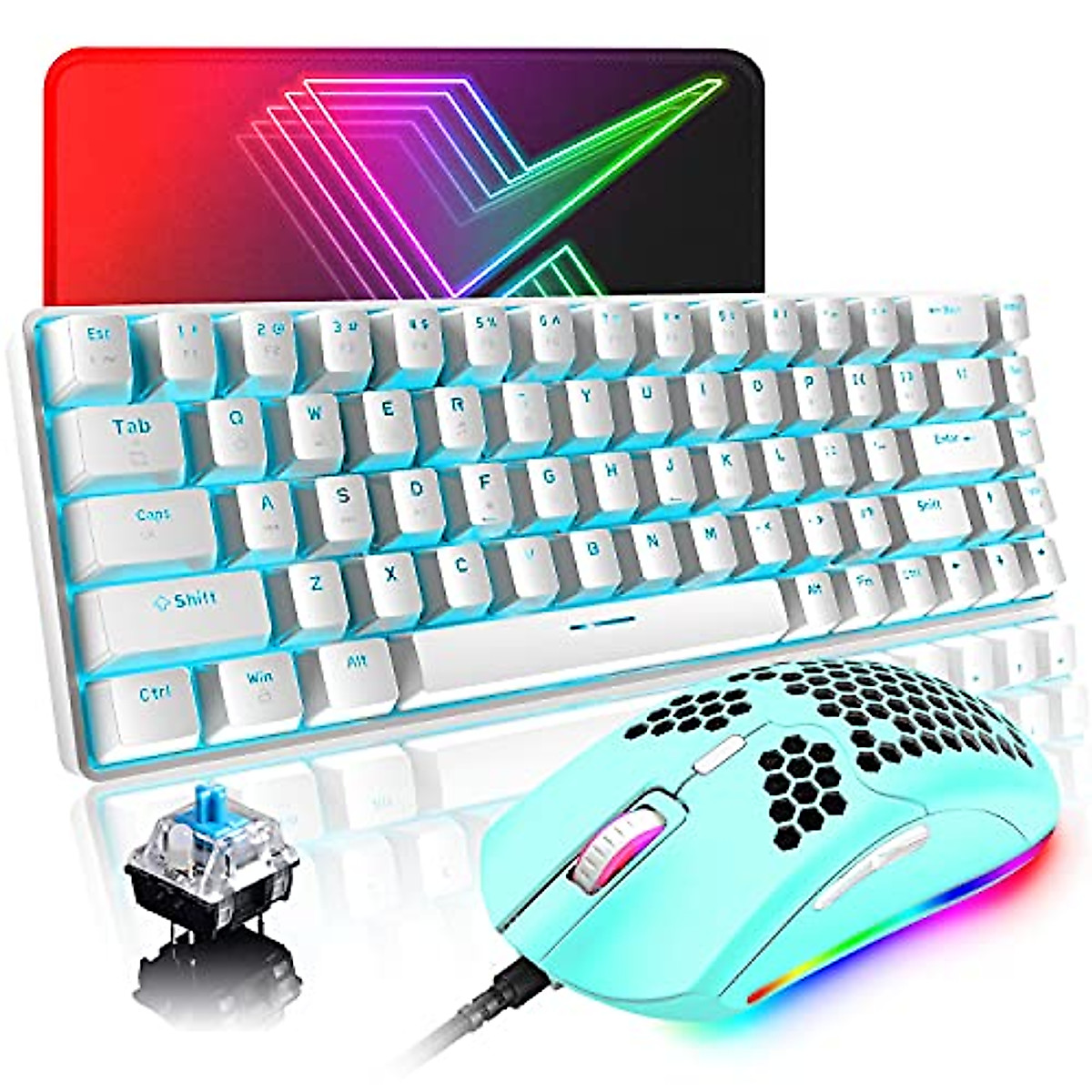 60% Mechanical Gaming Keyboard and Mouse Combo with Mini Ergonomic Anti-ghosting 68Key Multi Backlight 6400DPI Green Honeycomb Mice Type-C Wired for PC Mac Gamer Office Typist(White Blue/Blue Switch)