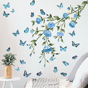 Ellis Kas Branch Blue Flower Wall Sticker Butterfly Wall Sticker Butterfly Removable Vinyl Home Stickers Murals Art Decor for Living Room Nursery Room Bedroom Office Bathroom