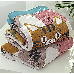 MEJU Cat Kitty Kids Girls Cute Blanket Throw for Bed Sofa Couch,100% Combed Cotton 4 Layer Soft Warm Quilt Throw Blanket Cartoon Bed Coverlet Twin 60" X 80"