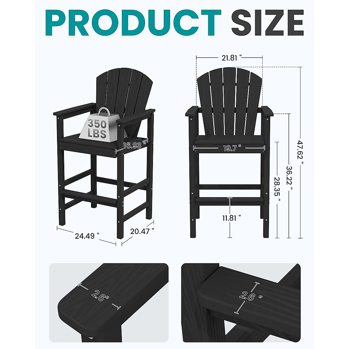 SERWALL Tall Adirondack Chairs Set of 2, HDPE Bar Height Outdoor Chairs, Wood-Like Adirondack Bar Stools for Patio, Balcony, Porch, Black