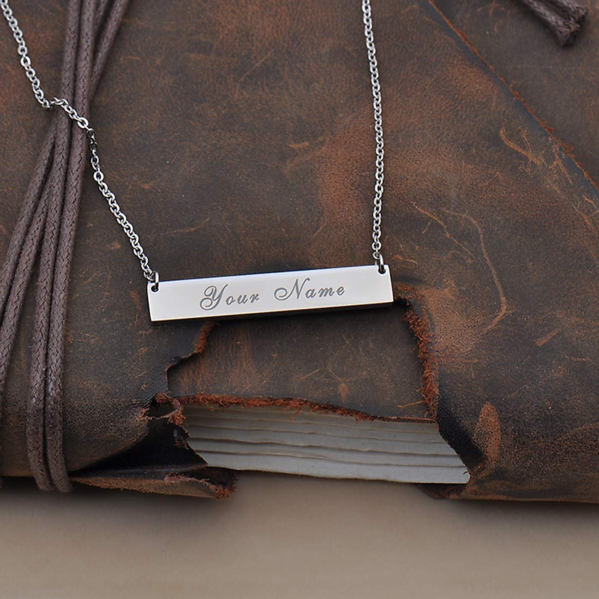 HUAN XUN Custom Engraved Name Silver Bar Cobi Nameplate Roman Numerals Coordinates Necklace