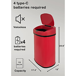 50 Liter Kitchen Trash Can with Lid Garbage Can 13 Gallon Tall Kitchen Automatic Trash Can Motion Sensor Trash Can, Stainless Steel Garbage Can Trash Bin Anti-Fingerprint, Soft-Close Lid (Red)