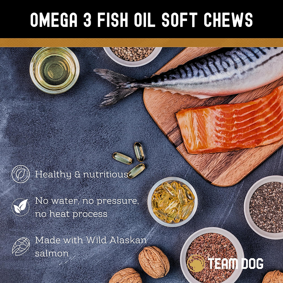 TEAM DOG Omega Skin and Coat Chews for Dogs | Wild Alaskan Salmon Oil for Dogs Skin and Coat Supplement | Allergy & Itchy Skin Relief for Dog Shedding | for a Glowing Coat & Healthy Skin | 120 Count