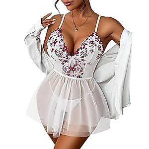 Avidlove Women Lingerie Mesh Lace Babydoll V Neck Nightwear Sexy Chemise Nightie White XL