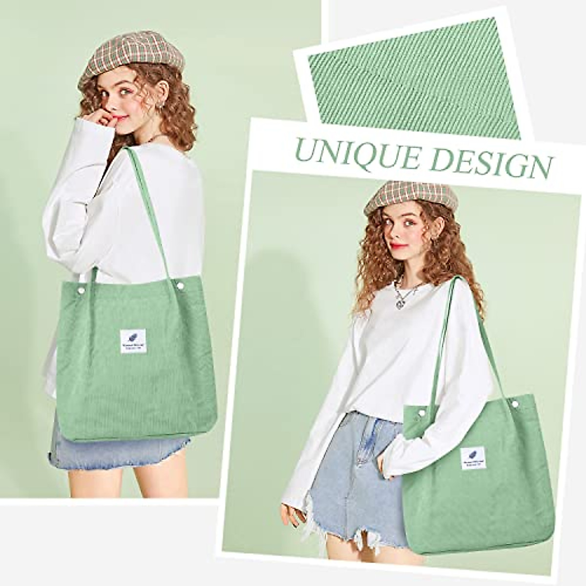 Corduroy Tote Bags for Women Girls, Large Capacity Reusable Grocery Shoulder Bag with Inner Pockets (Bean)…, Green