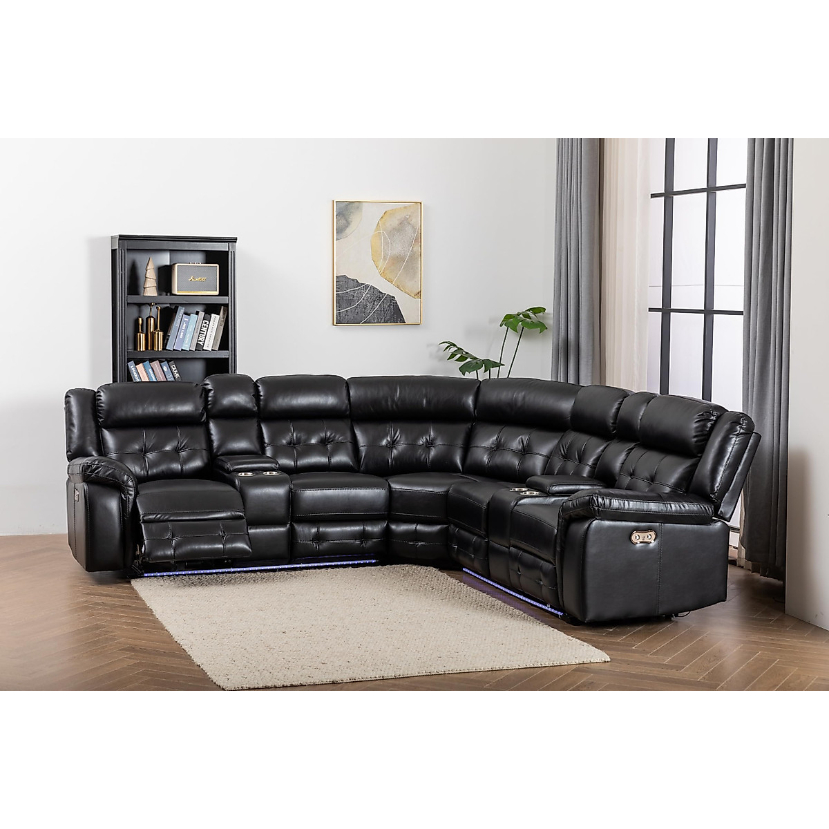 Kingway Power Recliner Chair Sectional Couches with LED Light for Living Room, Electric Faux Leather Reclining Sectional Couch Sets with Storage Console for Home, Black