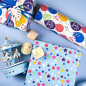 LeZakaa Reversible Birthday Wrapping Paper Jumbo Roll - Colorful Balloon & Stars - 24 inches x 100 Feet (200 sq.ft.)