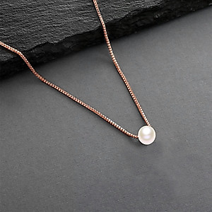 14K Yellow Gold Pearl Necklace for Women, Real Gold Durable Box Chain with Single Cultured Pearl Pendant Necklace Anniversary Birthday Gift for Her, Wife, Mother, Girl 18 Inch (Rose Gold)