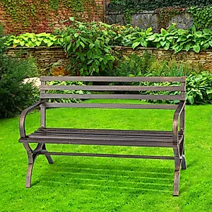 MoNiBloom 50" Patio Bench for 2 Person, Metal Frame Patio Park Bench with Slatted Seat and Backrest, Arch Legs Outside Bench for Porch, Lawn and Garden, Bronze