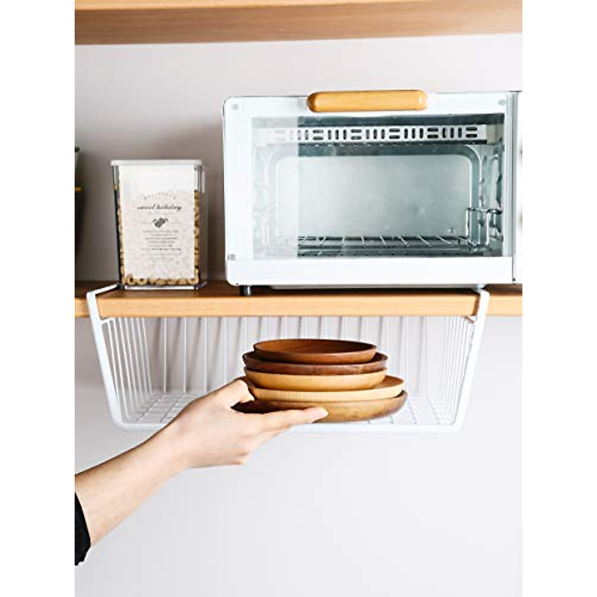 HOMOKUS Under Shelf Baskets for Storage, Carbon Steel Basket Under Cabinet Shelf, Welding Joints, Baking Finish, Easy to Install without Holes, 6 Pcs, White