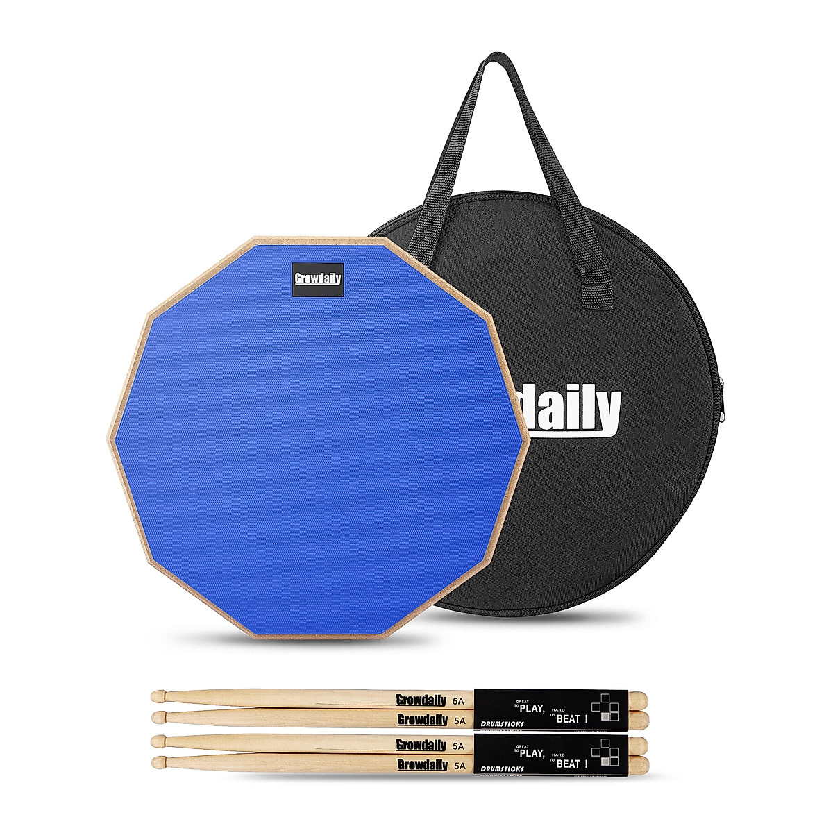 GrowDaily Drum Practice Pad for drumming drum pad and sticks 12 In,Sided With 2 Pairs/4 Maple 5A Drum Sticks & Storage Bag (Blue)