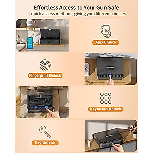 BILLCONCH Gun Safe for Pistols - Biometric Gun Safe 4 Ways Quick Access with Fingerprint/Full-digital Keypad/Key/APP Lock Handgun Safe for Nightstand Bedside Home