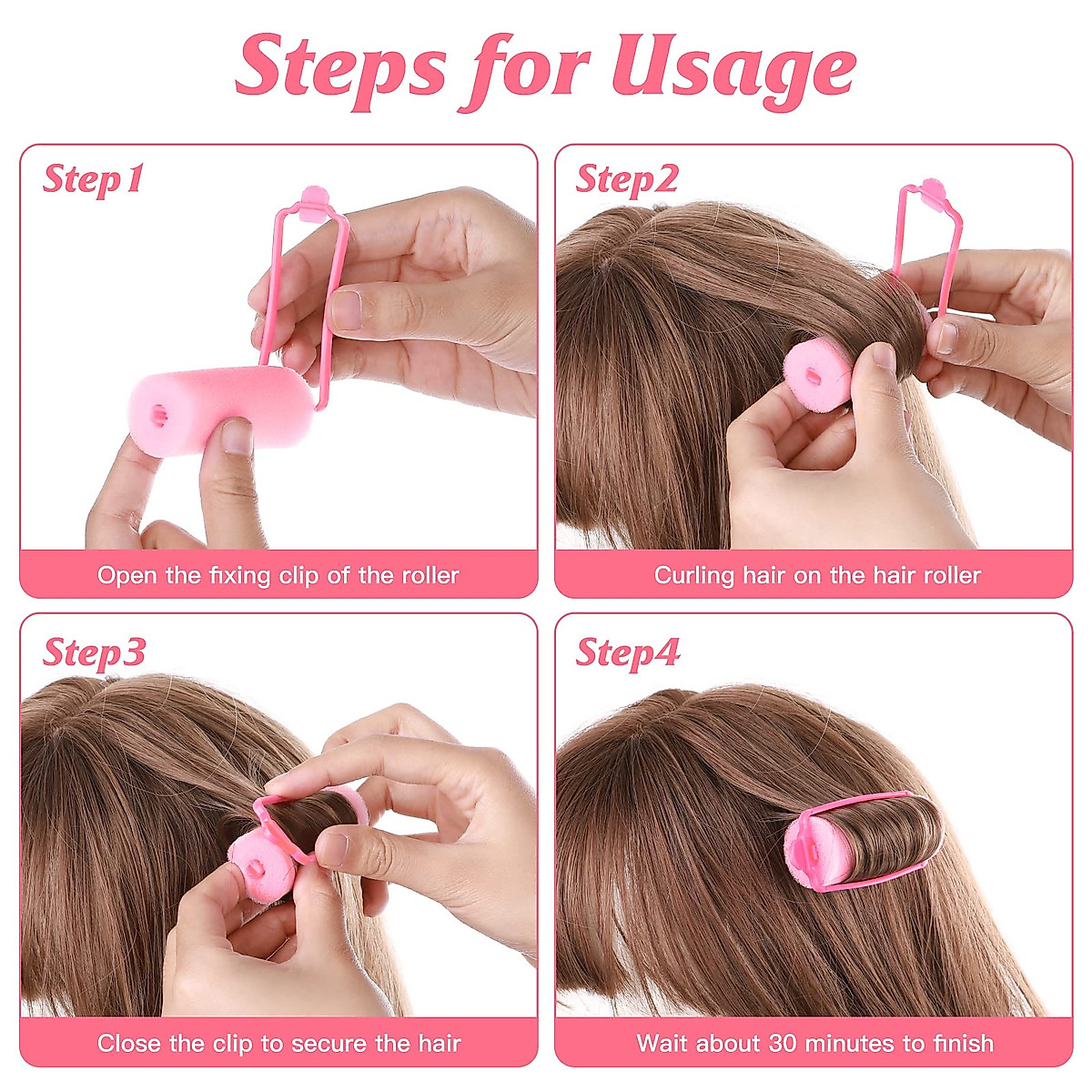 Sponge Foam Hair Rollers for Sleeping - Flexible Curlers with Tail Comb and Hairclips for Hairdressing (60 Pieces, Pink)