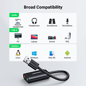 UGREEN External USB Sound Card Jack USB Adapter for Computer, PS5, PS4, USB Audio Stereo Adapter External Sound Card (Black)
