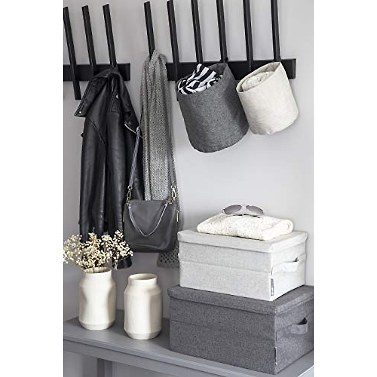 Bigso Soft Hang Around Hanging Storage Basket Small | Hanging Wall Basket for Organizing Everyday Necessities | Collapsible Wall Hanging Storage Basket for Closets | 6.7″x6.7″ | Small | Beige