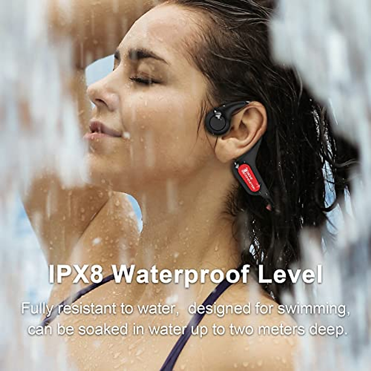 RR SPORTS Bone Conduction Headphones, Open Ear Bluetooth 5.3 Sport Earphones with Built-in Mic and MP3 Player 16G Memory, IPX8 Wireless Waterproof Headset for Swimming, Running, Cycling (Black-Red)