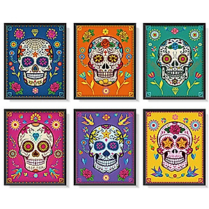 6 Pieces Sugar Skull Wall Art Decorations Day of The Dead Poster Decor Mexican Day of The Dead Fiesta Party Sugar Skull Decor Art Prints for Living Room Bedroom Office Home Wall Decor, 8 x 10 Inch