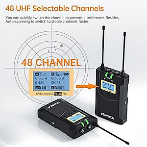 Comica CVM-WM100PLUS - Wireless Microphone System for Cameras, Camcorders, Smartphones, Laptops, Professional UHF Wireless Lavalier Lapel Microphone with Dual-Channel Recording, AA Batteries