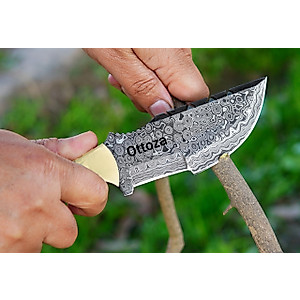 Ottoza Tracker Knife & Wood Handle - Damascus Hunting Knife - Horizontal Carry Knife Sheath 89