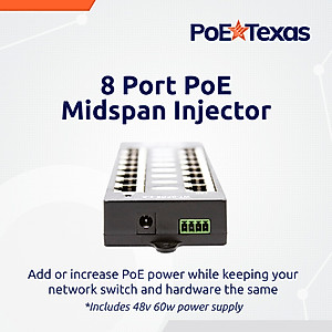 PoE Texas GPOE-8A-48v60w | 8 Port Gigabit Passive PoE Injector for PoE Cameras, IP Phones and WiFi Access Points | Includes 48 Volt 60 Watt Power Supply