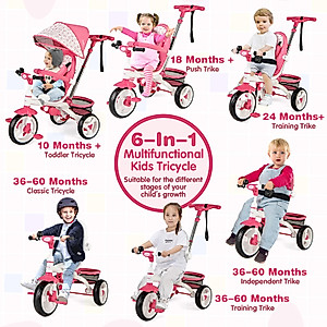 Costzon Tricycle for Toddlers, 6 in 1 Trike w/Parent Handle, Adjustable Canopy, Storage, Safety Harness & Wheel Brakes, Baby Push Tricycle Stroller for Kids Boys Girls Aged 9 Month-5 Years Old, Pink