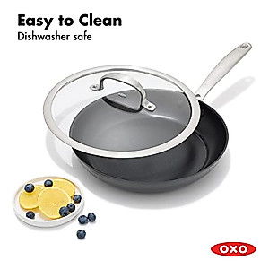 OXO Good Grips Pro 10" Frying Pan Skillet with Lid, 3-Layered German Engineered Nonstick Coating, Dishwasher Safe, Oven & Broiler Safe, Stainless Steel Handle, Black