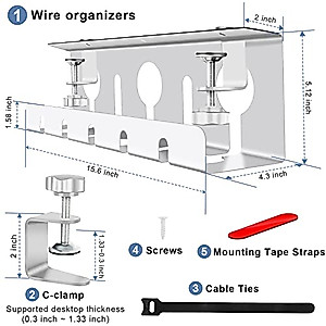 Under Desk Cable Management Tray - No Damage to Desk, Perfect Standing Desk Cable Management, Quszmd Under Table Cable Management Upgraded No Drill,Clamp Install Desk Cord Organizer Rack