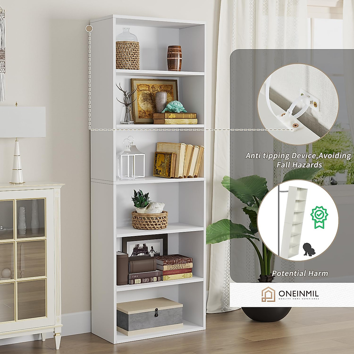 oneinmil Bookcase and Bookshelf, Floor Standing 6-Tier High Bookshelf, Display Storage Rack, Home Decorative Furniture, Suitable for Home Offices, Living Rooms, and Bedrooms,White