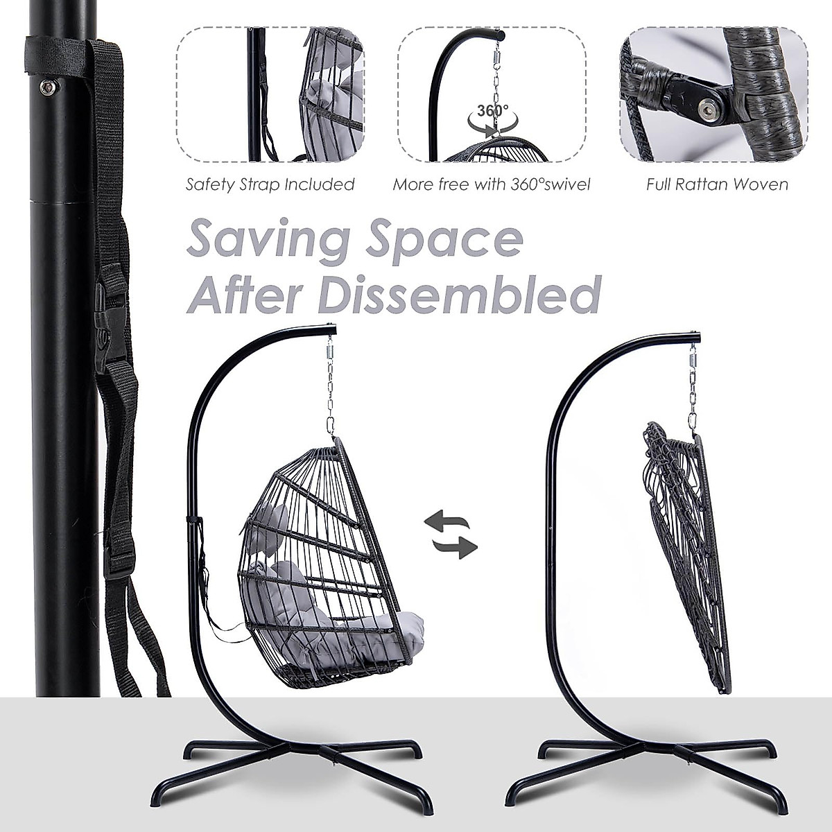 NICESOUL® Indoor Outdoor Patio Wicker Hanging Egg Chair Swing Hammock Egg Chairs UV Resistant Cushions 350lbs Capaticy for Patio Bedroom Balcony (Grey)