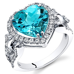 PEORA Swiss Blue Topaz and White Topaz Signature Sweetheart Ring for Women 14K White Gold, Genuine Gemstone Birthstone, 4 Carat Heart Shape 10mm, Size 9