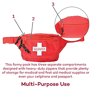 Dealmed Lifeguard Fanny Pack with Logo, E-Z Zipper Design and 3 Pockets, Red Fanny Pack (Pack of 1), Includes Adjustable Waist Strap and Zipper Pockets