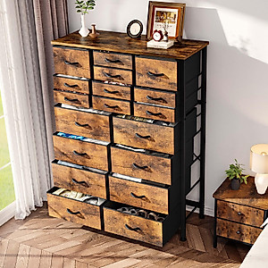 YaFiti 18 Drawer Dresser, Tall Dressers for Bedroom, Extra Large Capacity Fabric Storage Dresser with Wooden Top and Sturdy Metal Frame for Living Room, Closet, Hallway (Rustic Brown)