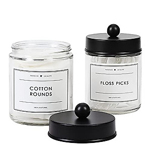 KUSVADO 2-Pack Bathroom Apothecary Storage Jars, Vanity Countertop Canister, Glass Jars Q-tip Holder, Cotton Swab Container, Bathroom Storage Container with 8 Pcs Waterproof Labels (9 Oz, Clear)