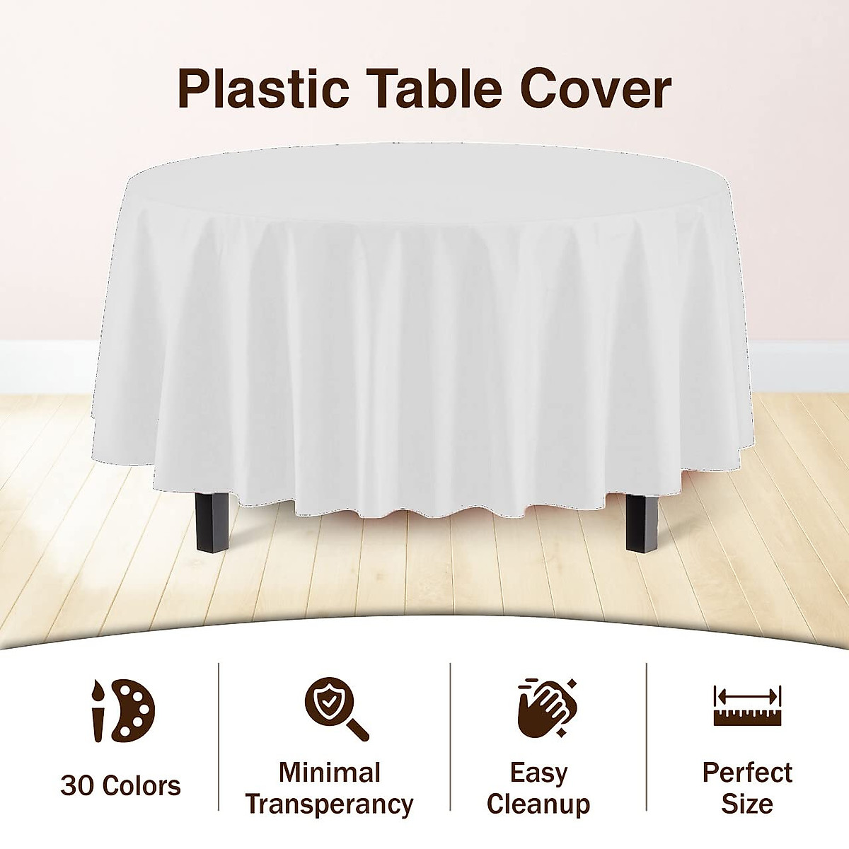 Exquisite 6-Pack Premium Plastic Tablecloth 84in. Round Plastic Table cover - White
