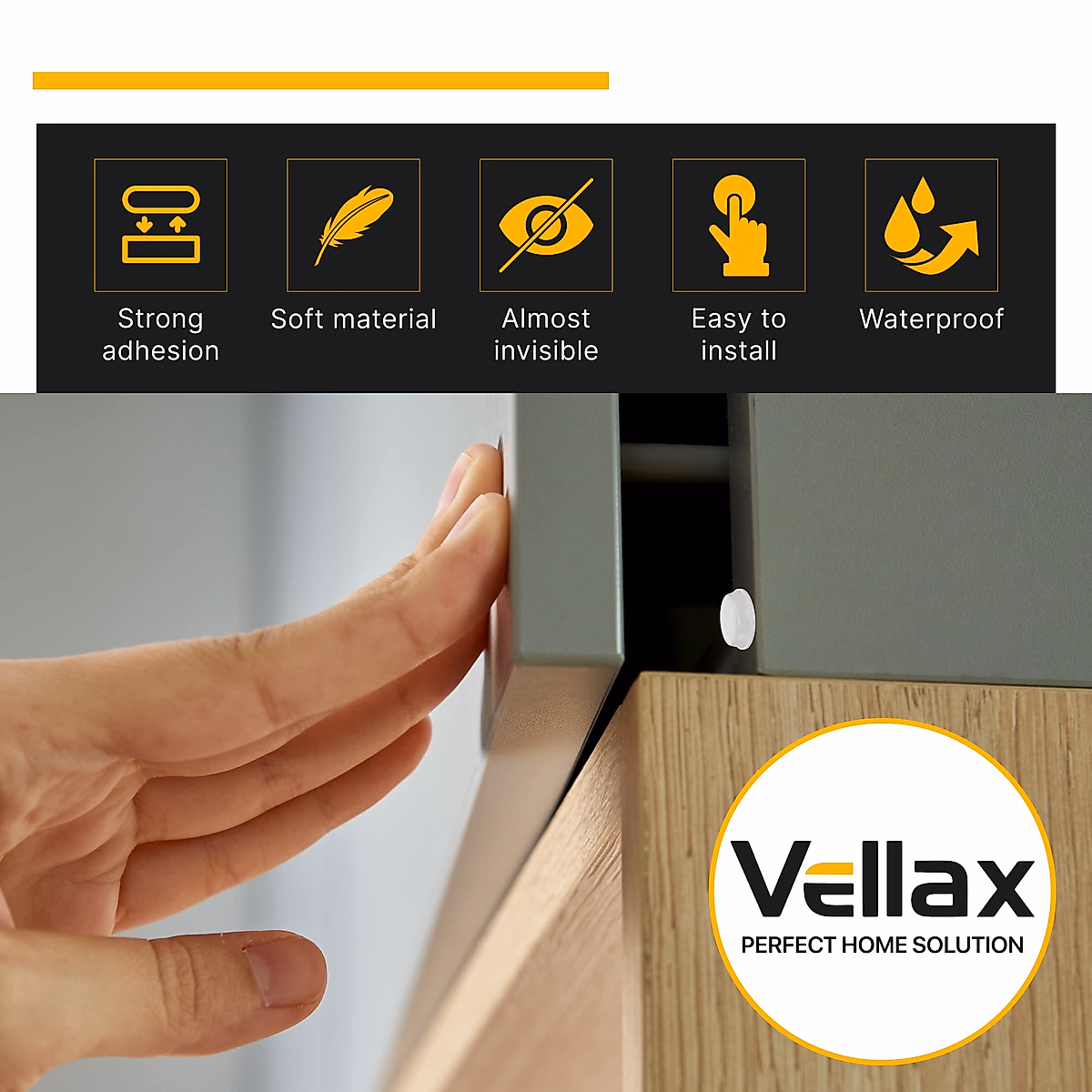 Vellax Self Adhesive Cabinet Door Bumpers - 64 pcs Sticky Silicone Clear Sound Dampening Rubber Bumpers for Wall Protection, Kitchen Furniture, Decor, Drawer Stops