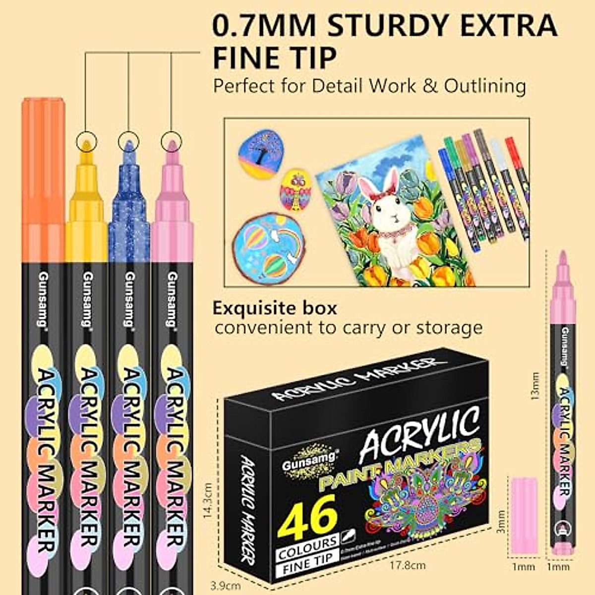 Gunsamg 46 Colors Acrylic Paint Pens Extra Fine Tip Acrylic Paint Markers For Rock Painting Ceramic Stone Wood Canvas DIY Crafts Card Making