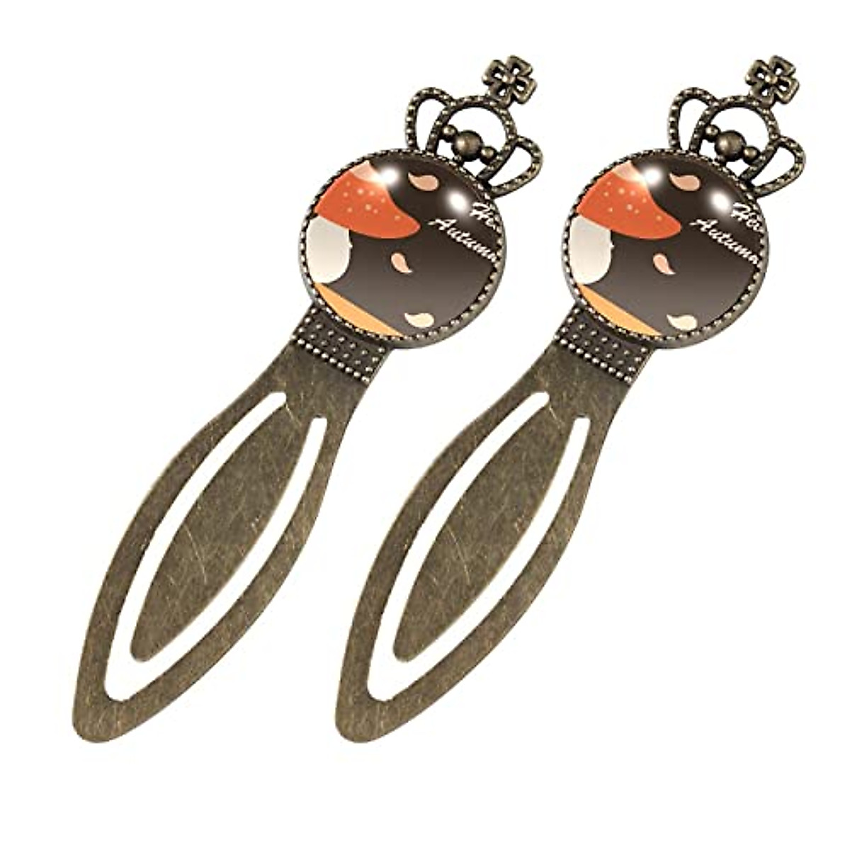 Hello Autumn Cute Hand Drawn Mashroom & Fallen Leaves 2 Packs Metal Book Pages Marks, Crown Shape Bookmarker Clip for Women Men Kids Classroom Boys Girls